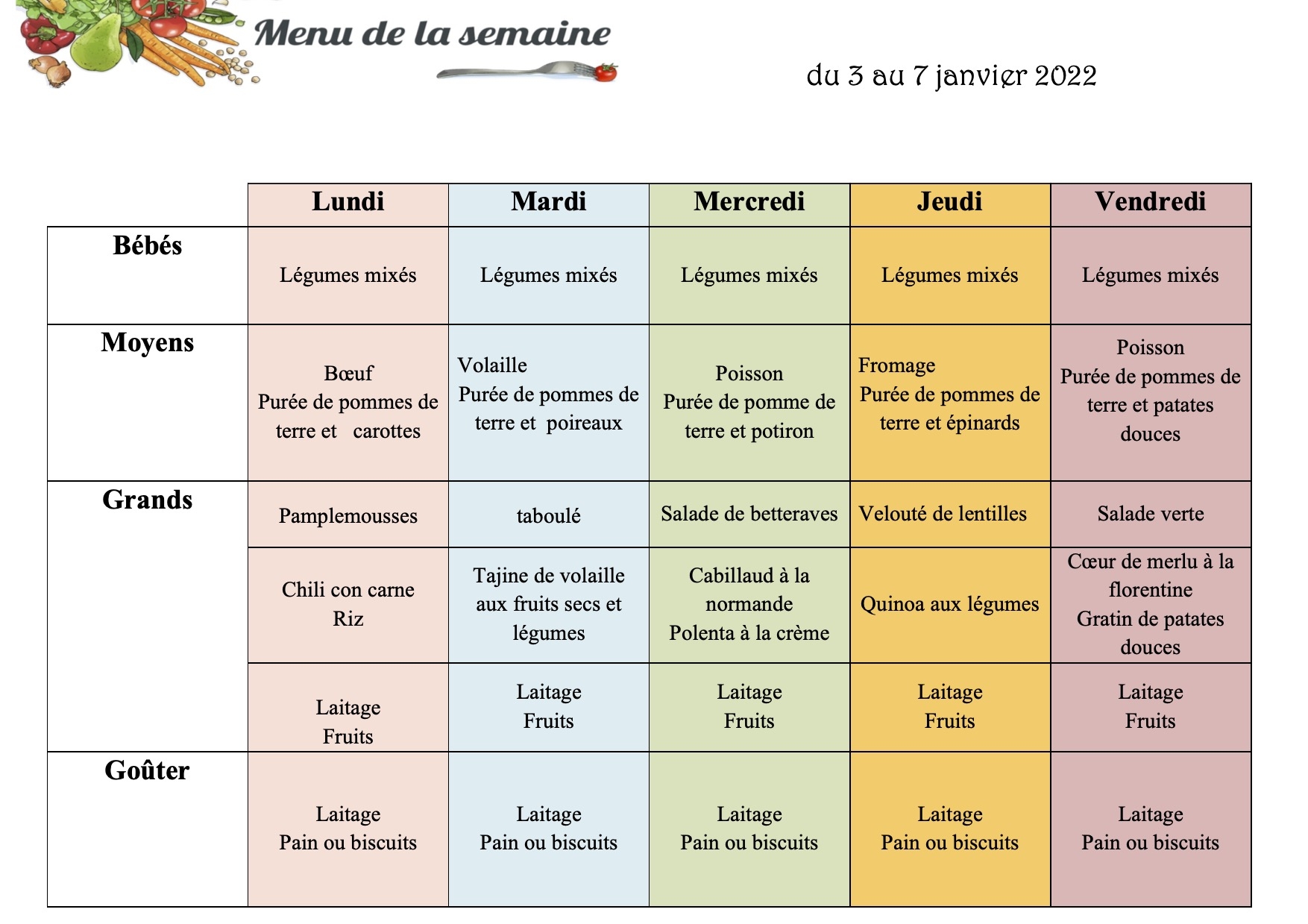 Crèche Saint Bernard | Menu du 3 au 7 janvier